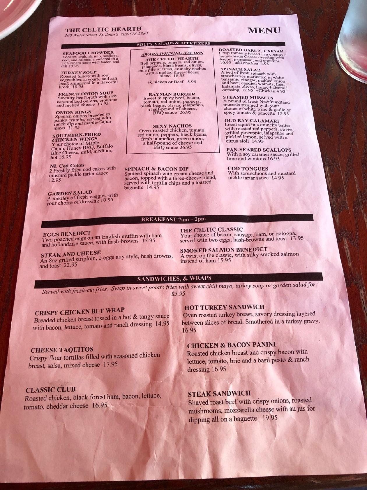 Menu at The Celtic Hearth restaurant, St. John's