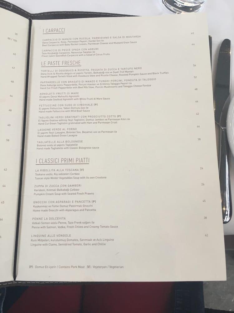 Menu at Trattoria La Scarpetta, Istanbul