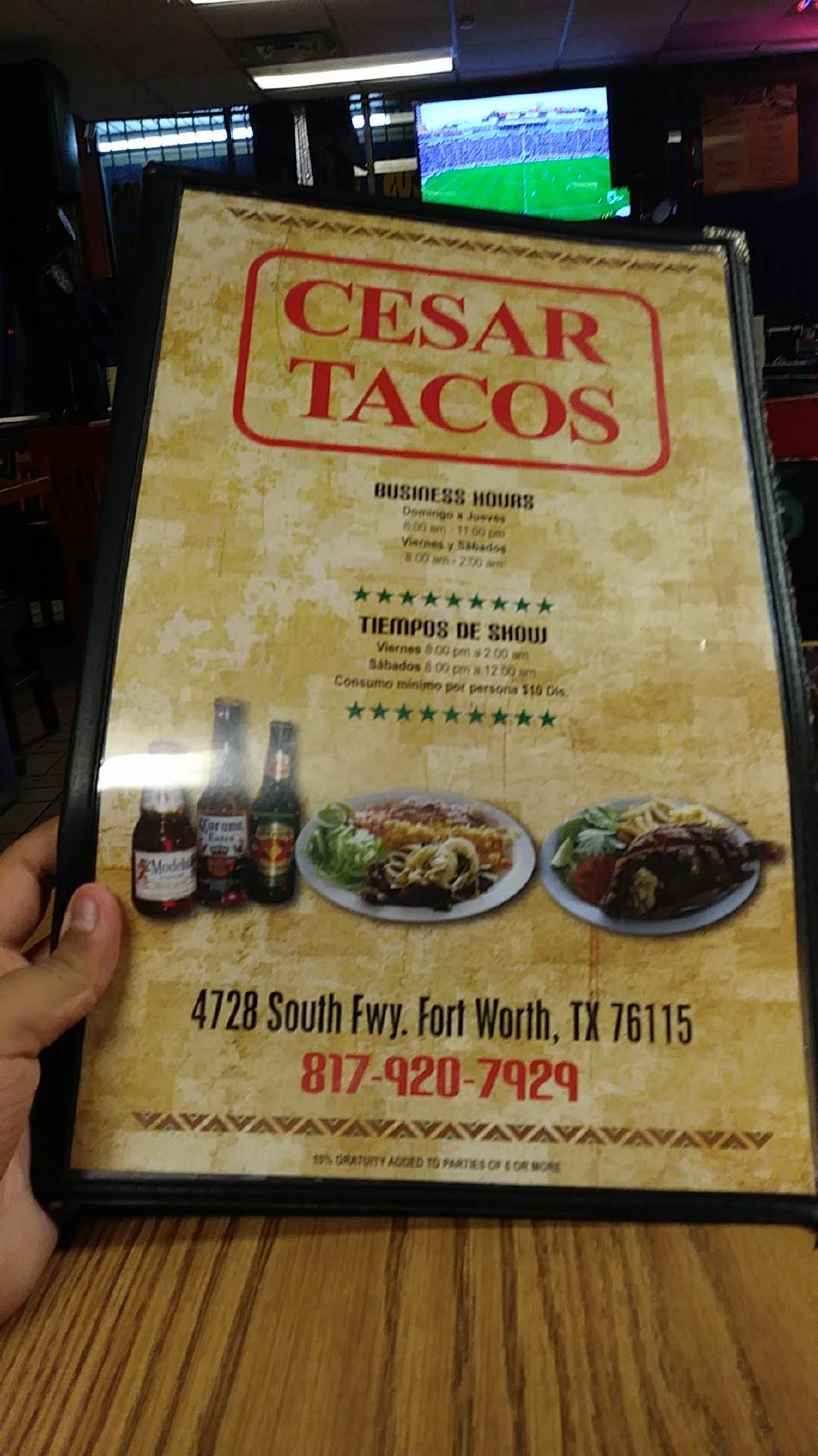 Menu at Cesar's Tacos restaurant, Fort Worth