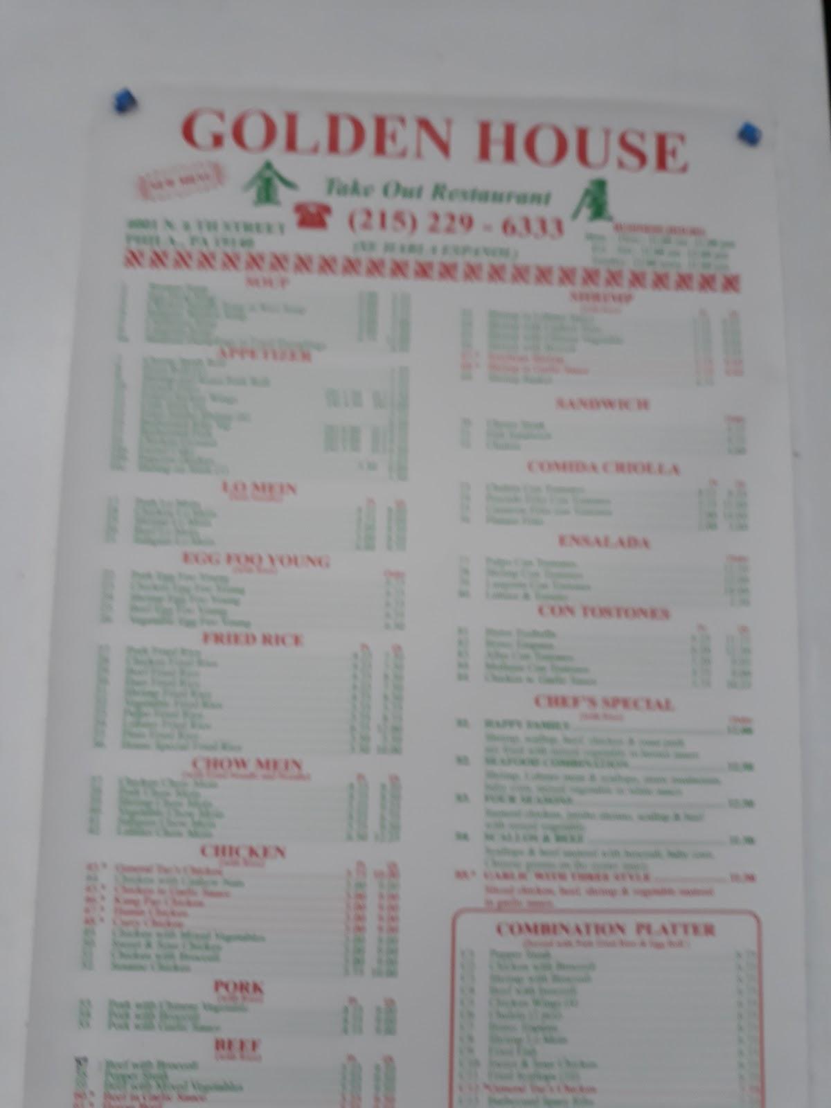 Menu at Golden House restaurant, Philadelphia, N 6th St