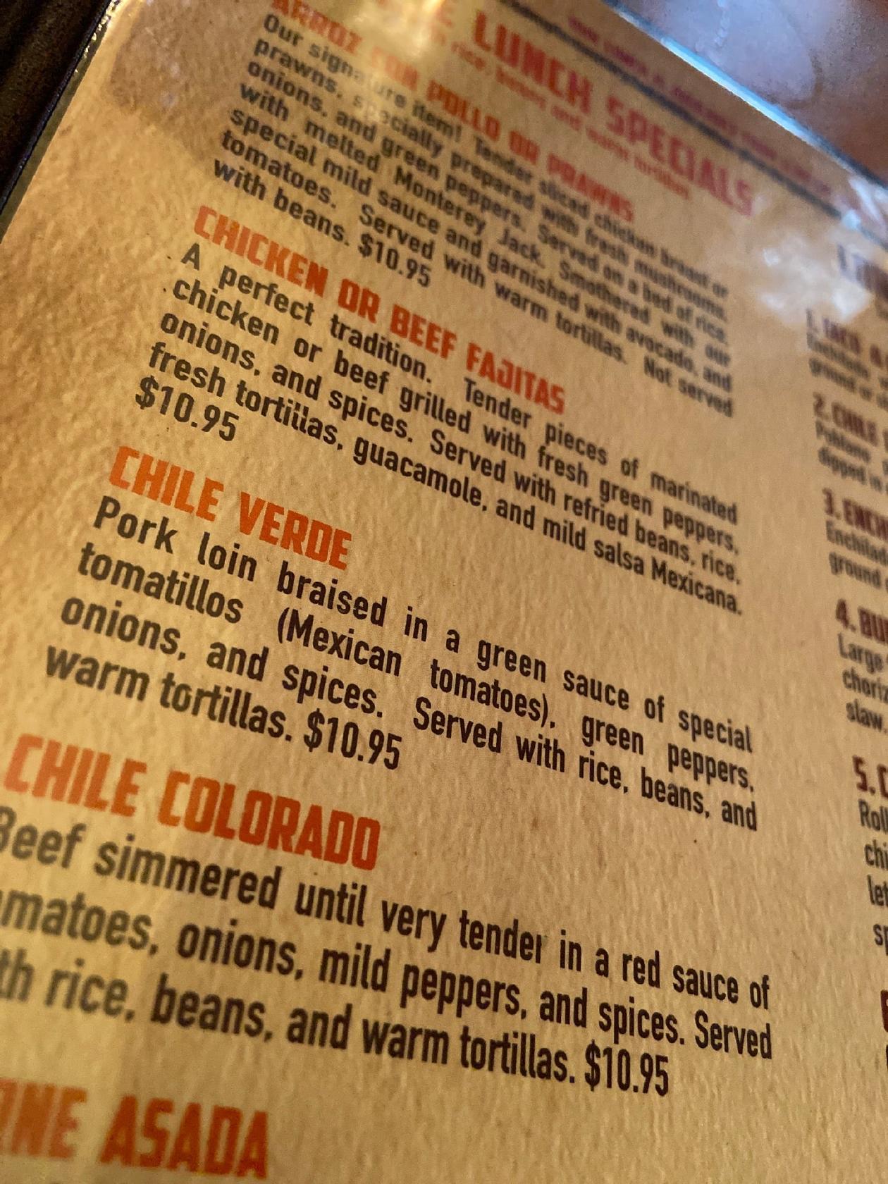 Menu at Mi Tierra restaurant, Monroe