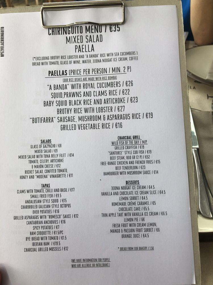 Menu at Peix Vela restaurant, Barcelona