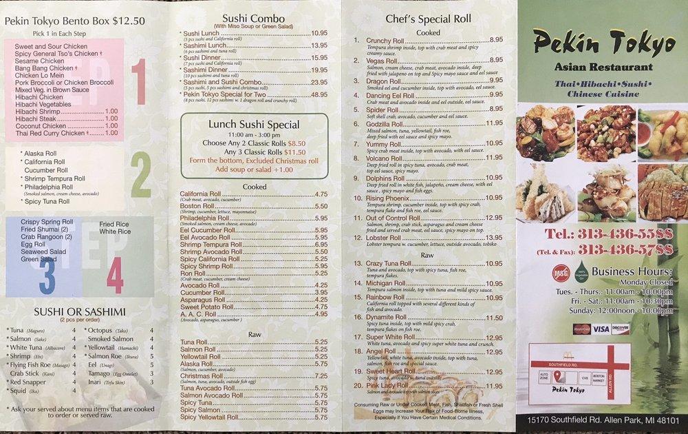 Menu at Pekin Tokyo restaurant, Allen Park