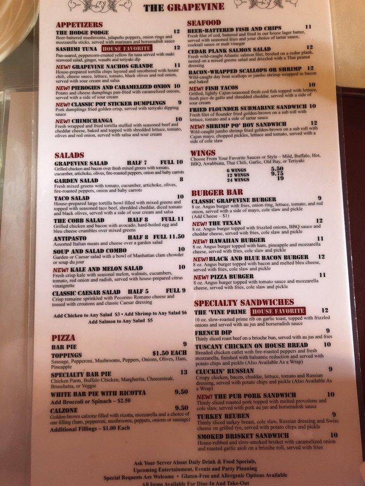 Menu at The Grapevine restaurant, Tuckerton