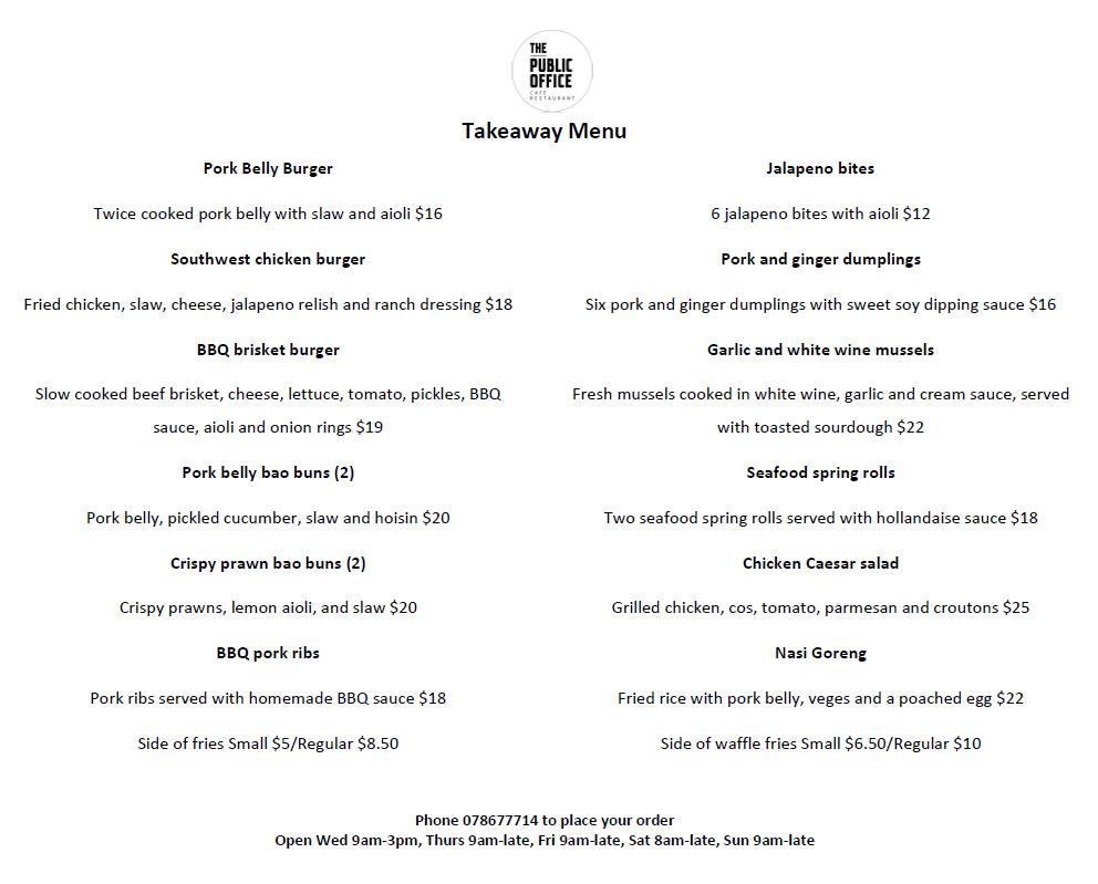 Menu at The Public Office, Ngatea