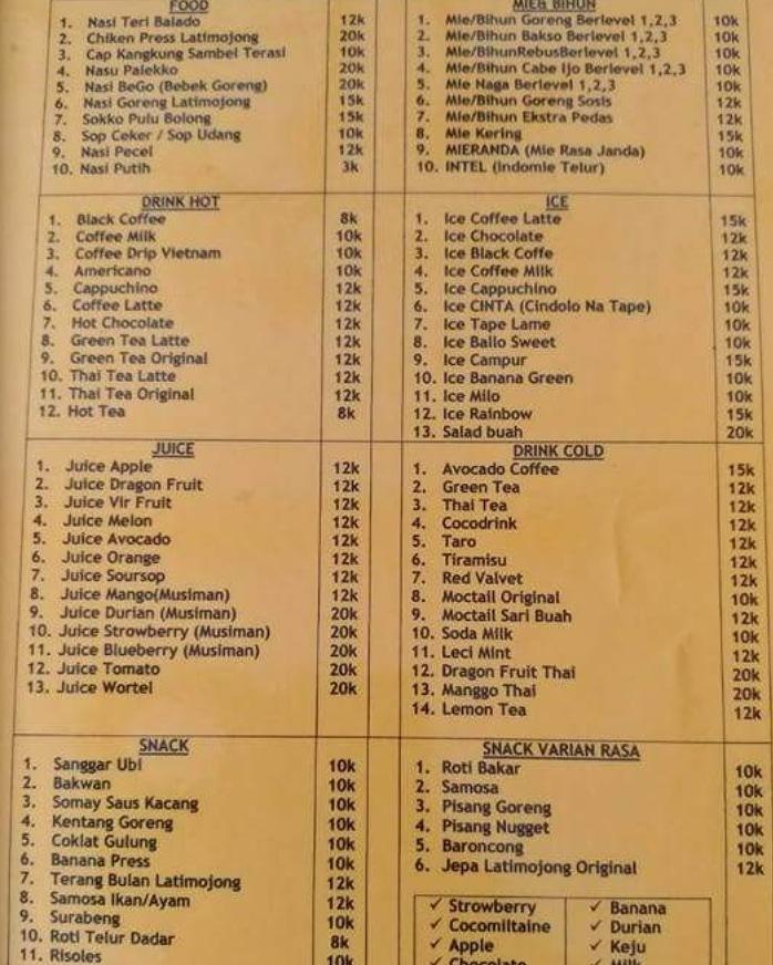 Menu at warkop Latimojonh cafe, Penrang