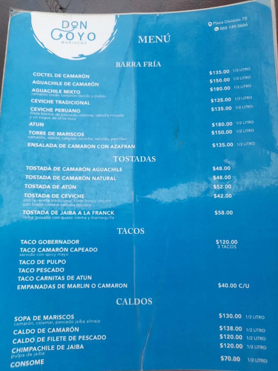 Carta del restaurante DON GOYO MARISCOS, Matamoros, Avenida División ...