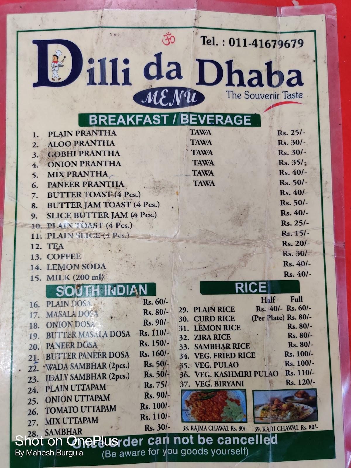 Menu at Dilli Da Dhaba, New Delhi