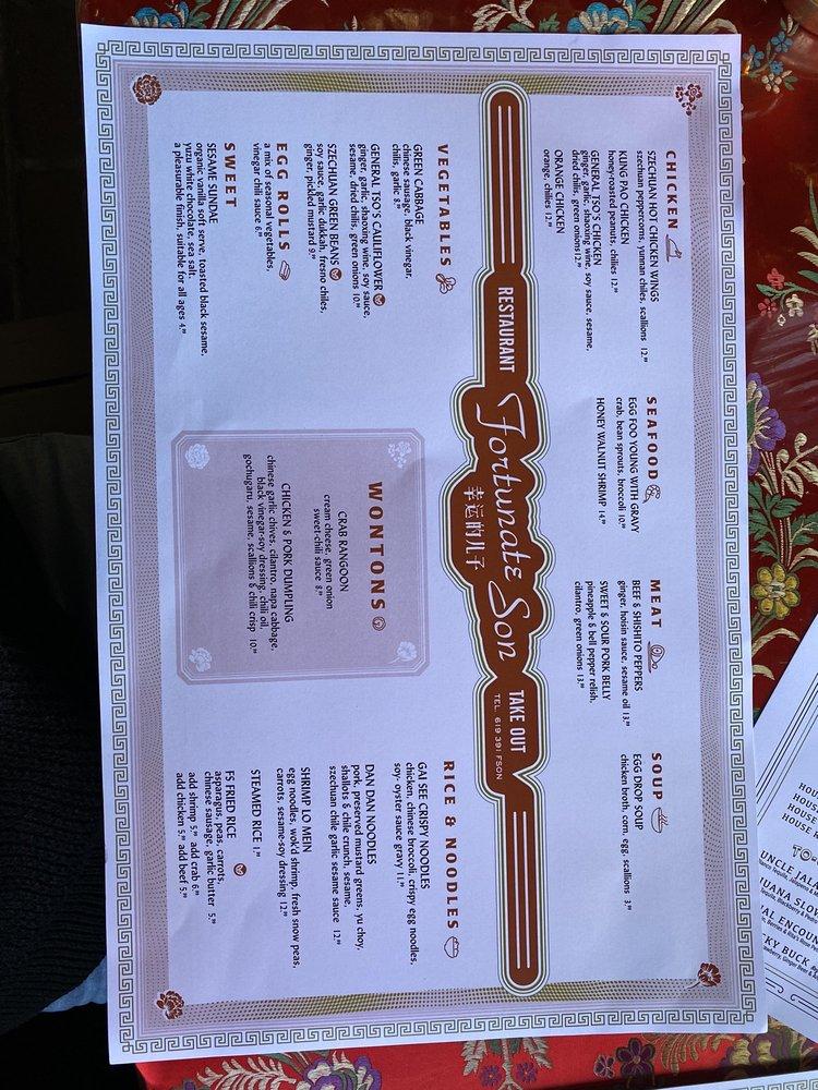 Menu at Fortunate Son Chinese restaurant, San Diego