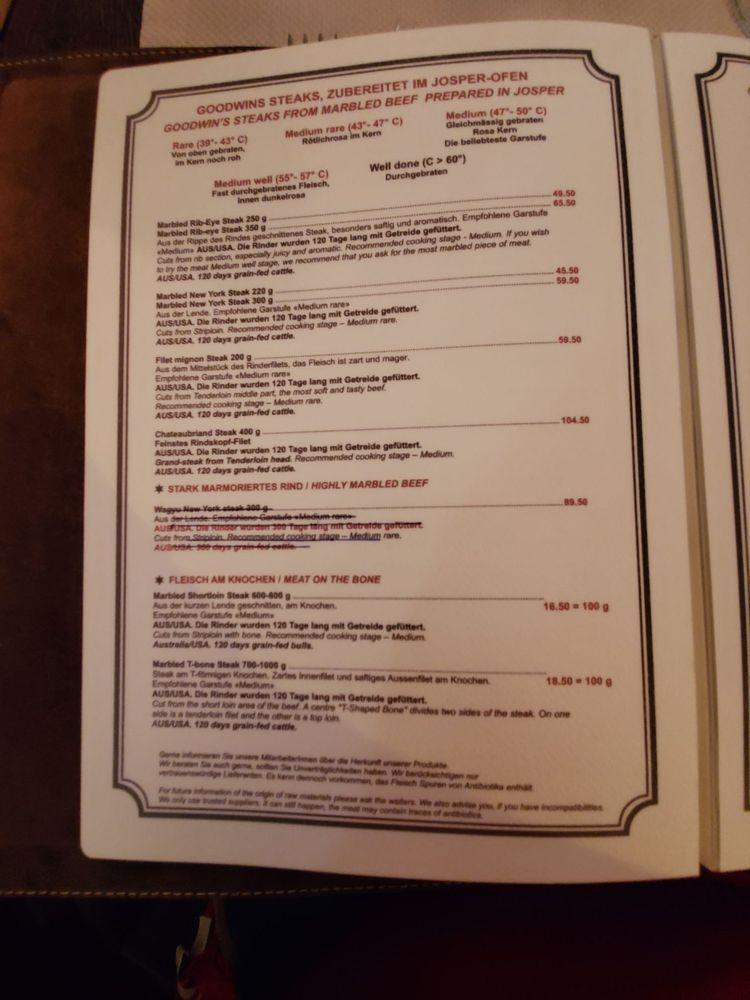 Menu at Goodwin, Zürich