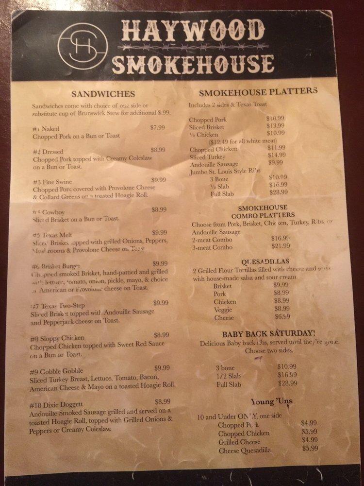 Menu at Haywood Smokehouse BBQ, Dillsboro