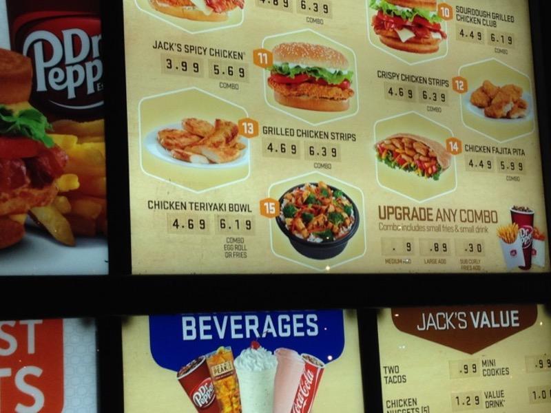Menu at Jack in the Box fast food, Pittsburg, Railroad Ave