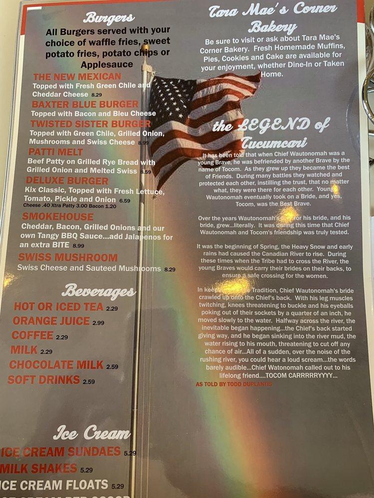 Menu at Kix On 66 restaurant, Tucumcari