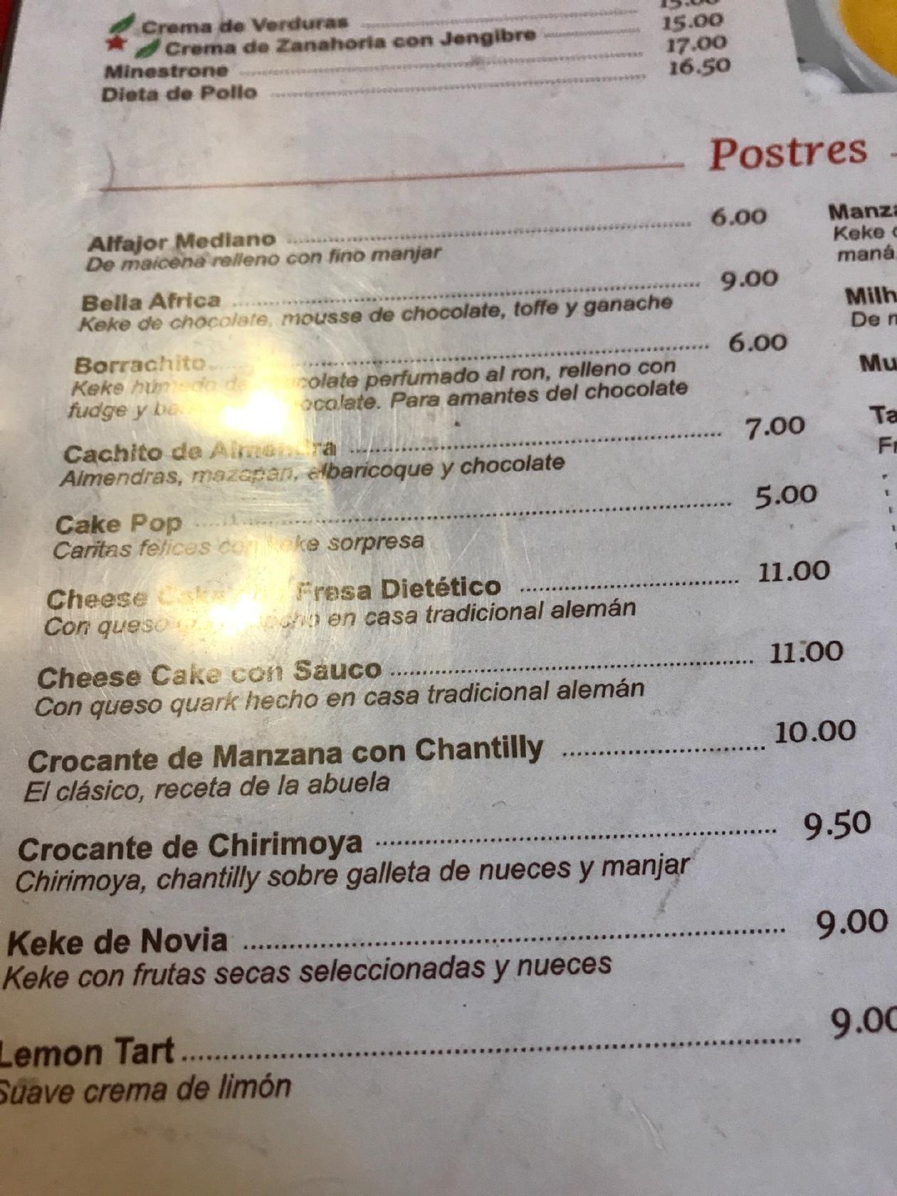 Carta de La Mora Pastelería & Café, Miraflores, Av Grau 400