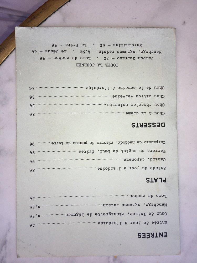 Menu at Le Mansart pub & bar, Paris