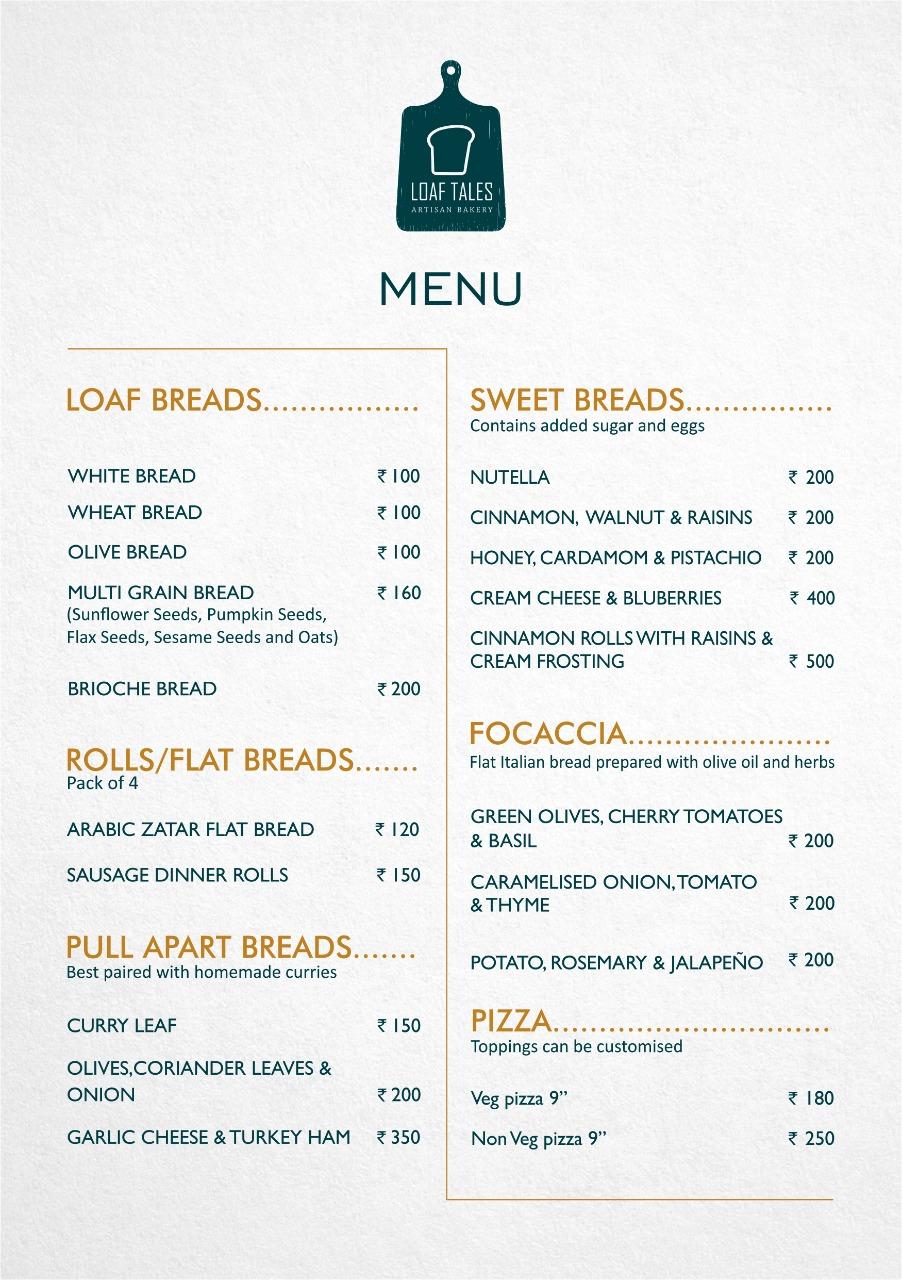 Menu at Loaf tales, Kakkanad