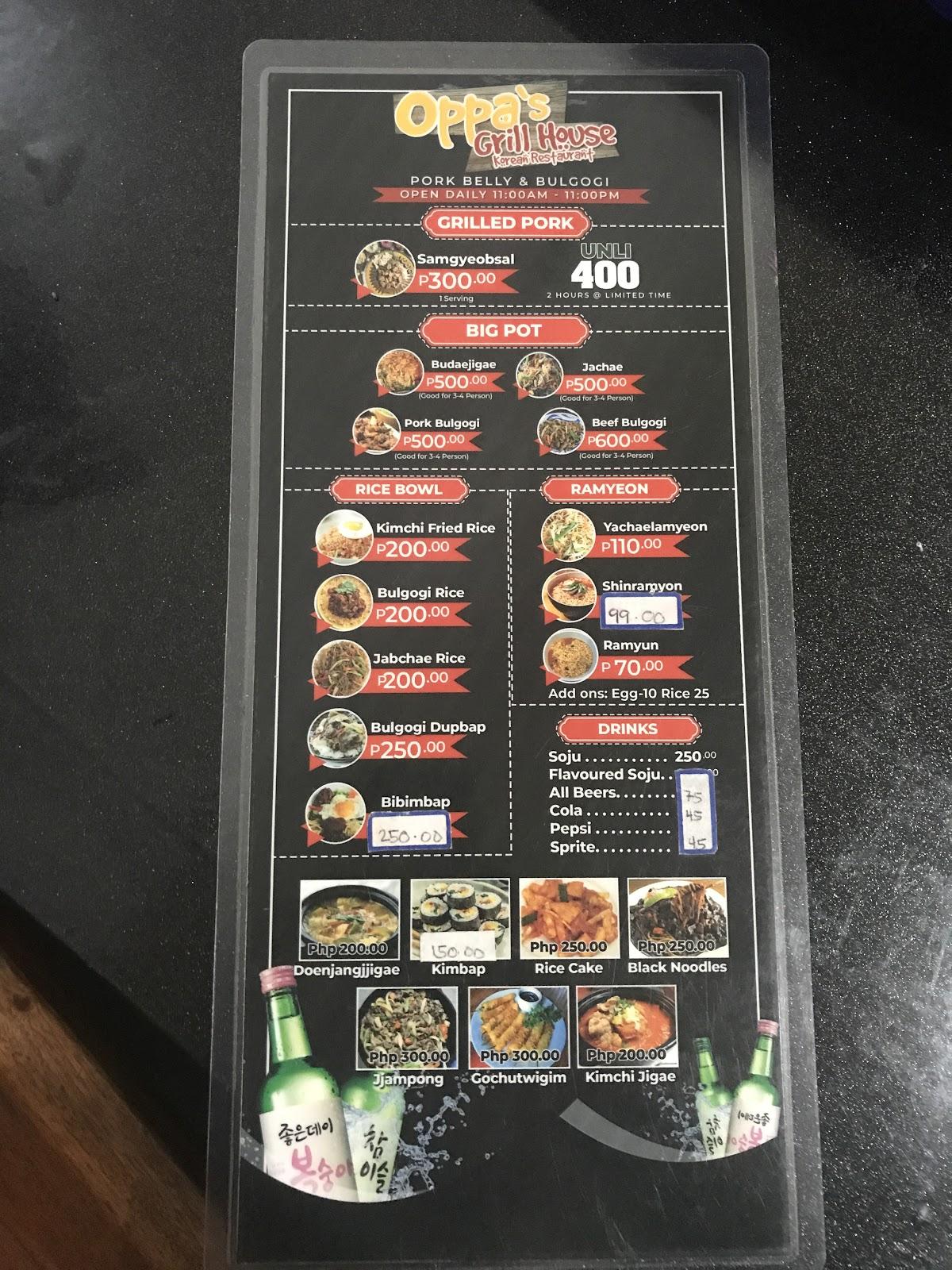Menu at OPPA'S GRILL HOUSE restaurant, Puerto Princesa