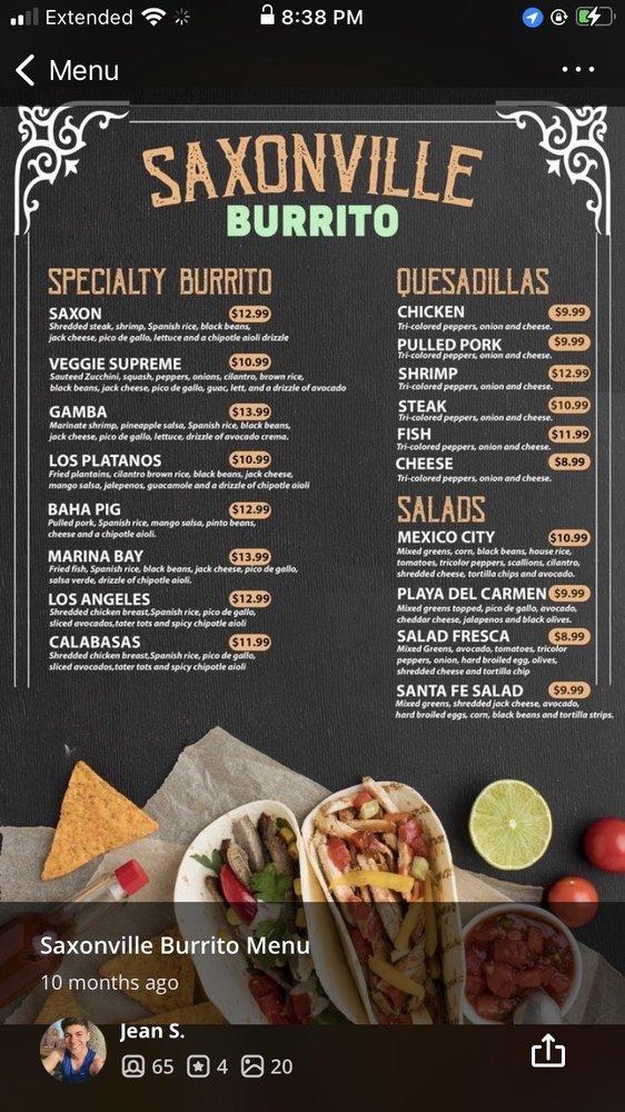 Menu at Saxonville Burrito Company fast food, Framingham