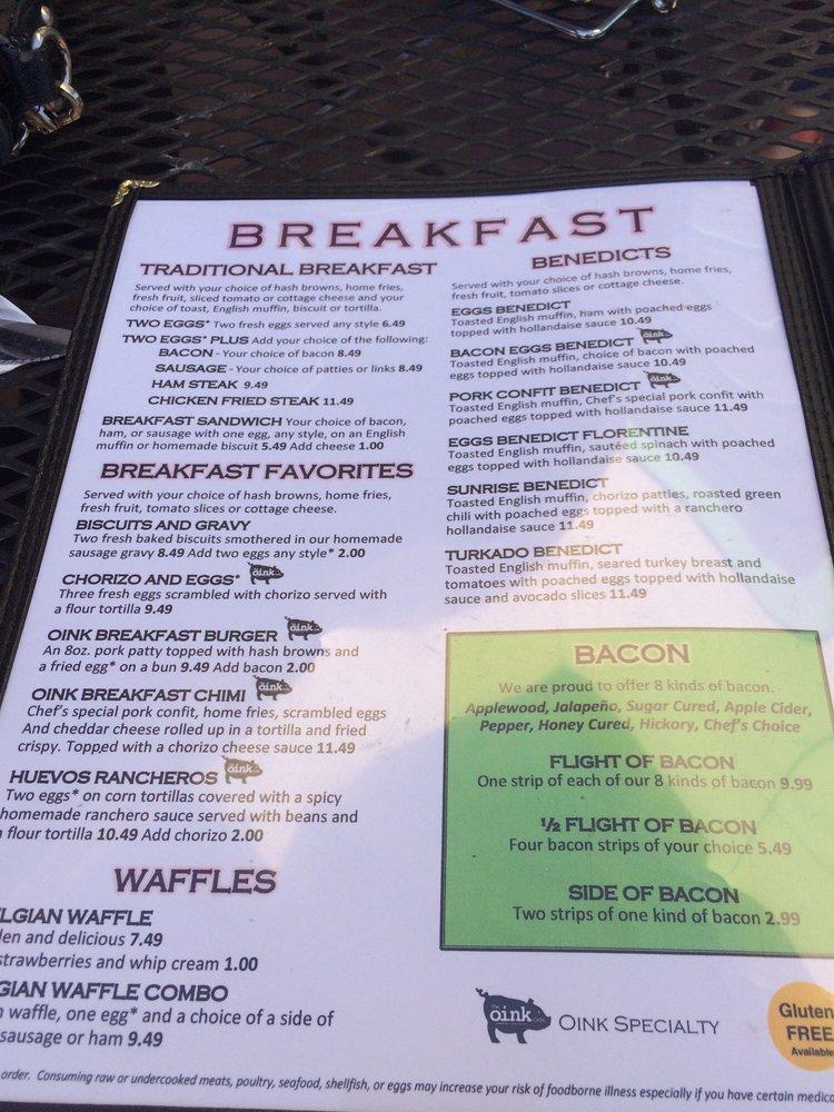 Menu at The Oink Cafe, Tucson
