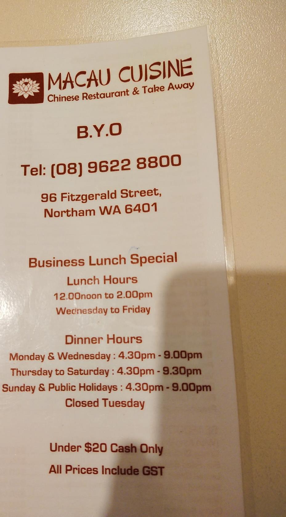 Menu at Macau Cuisine restaurant, Northam