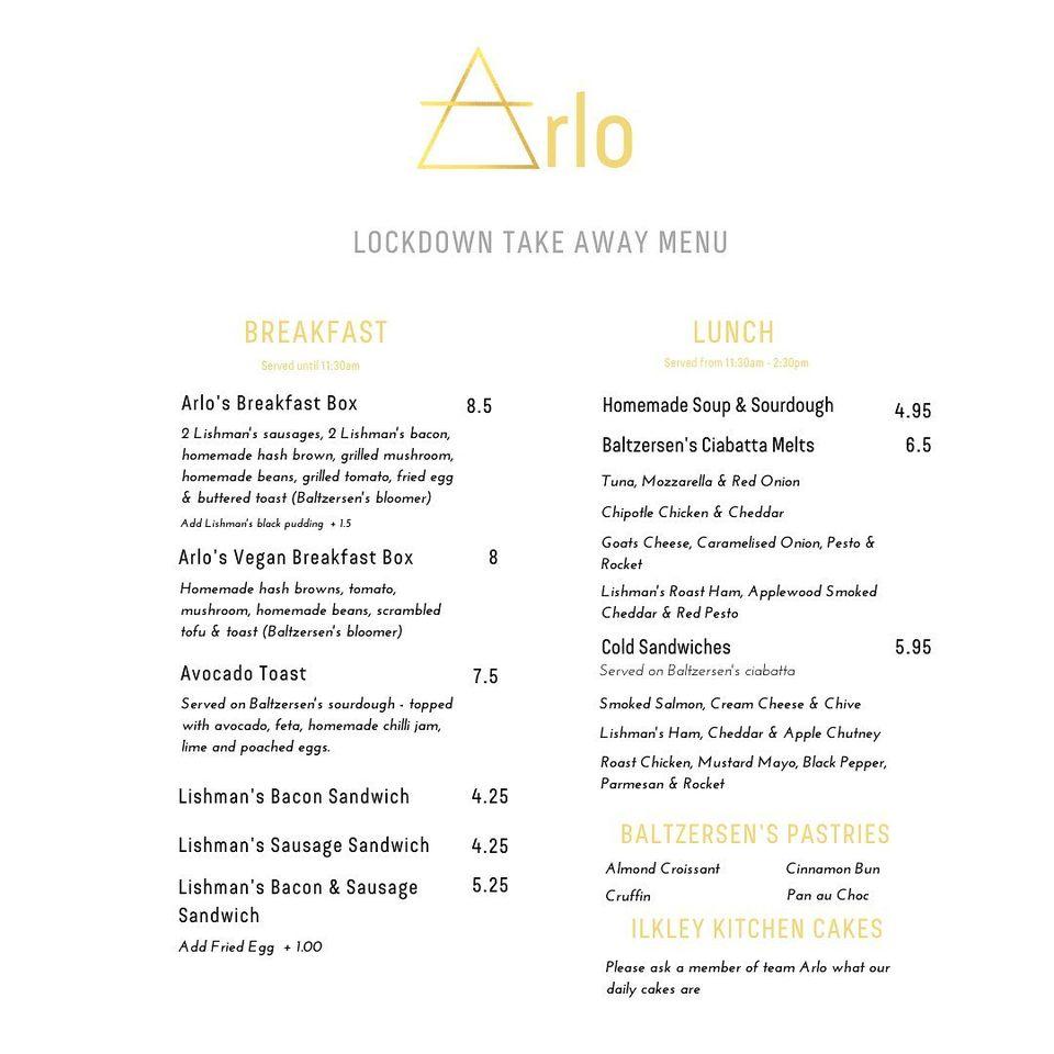 Menu at Arlo cafe, Ilkley