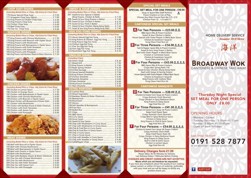 Menu at Broadway Wok fast food, Sunderland