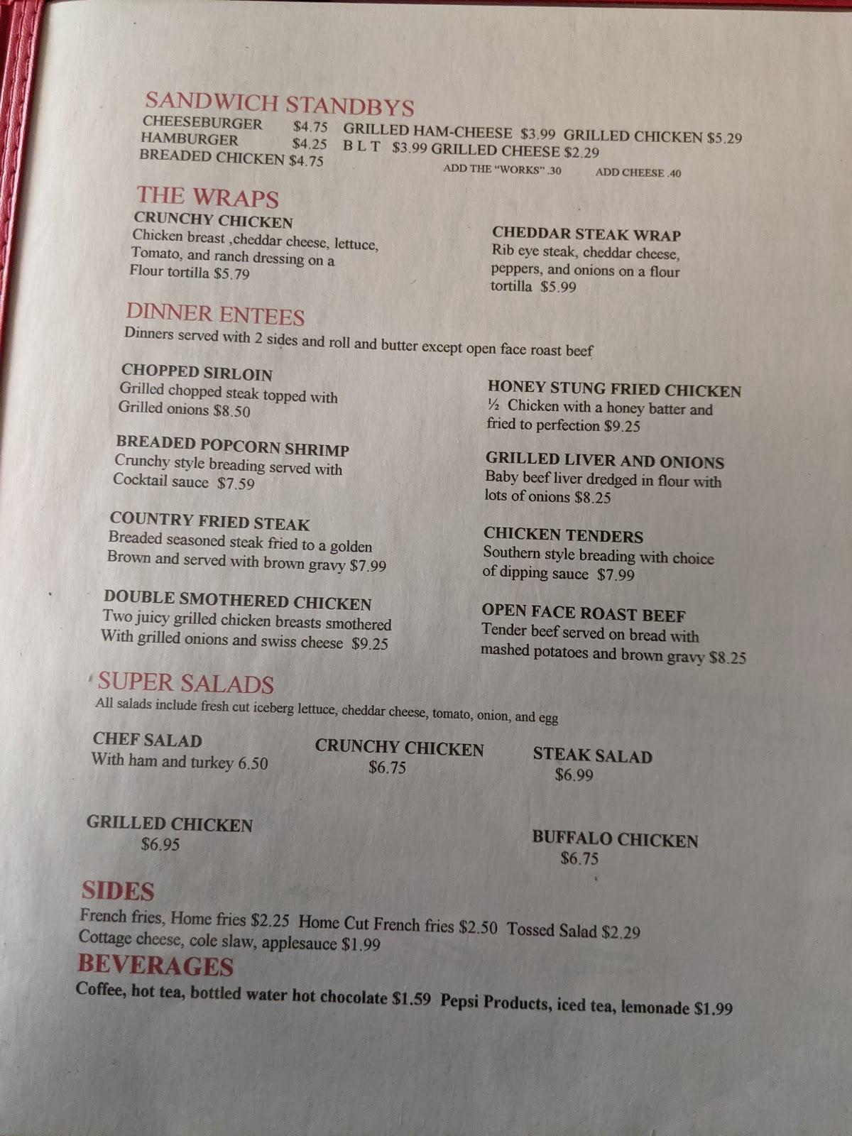 Menu at Dave's Diner restaurant, Sherrodsville