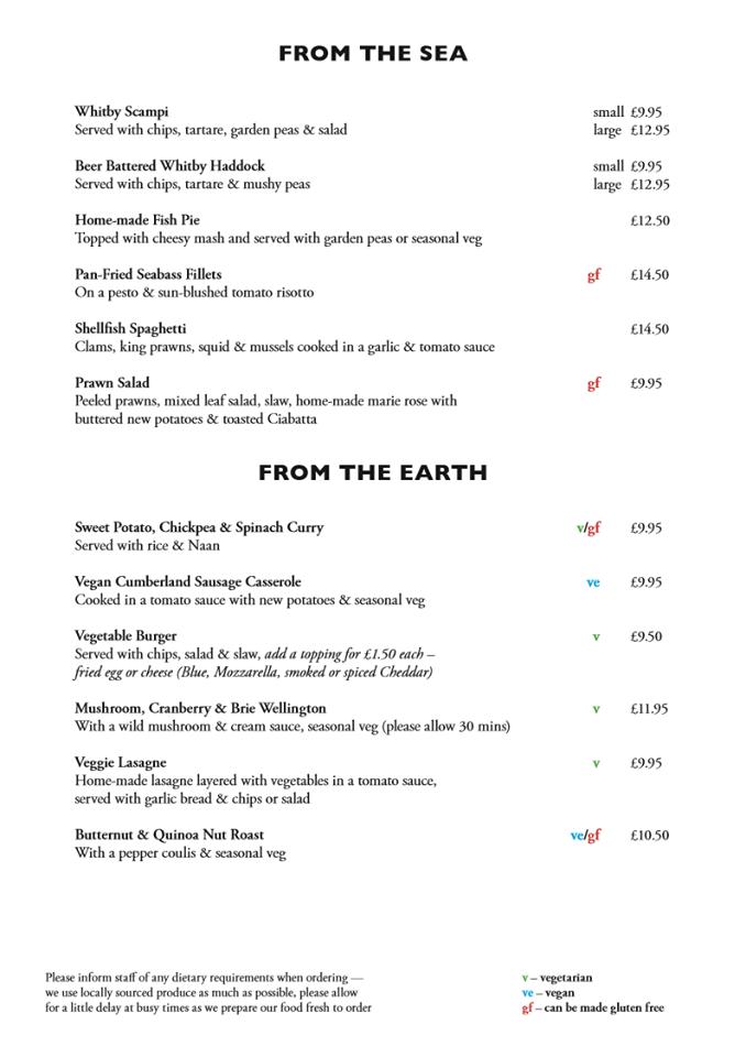 Menu at Fylingdales Inn pub & bar, Robin Hood's Bay