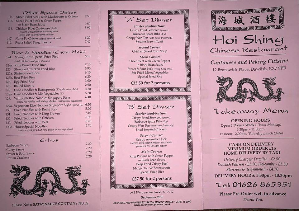 Menu at Hoi Shing restaurant, Dawlish