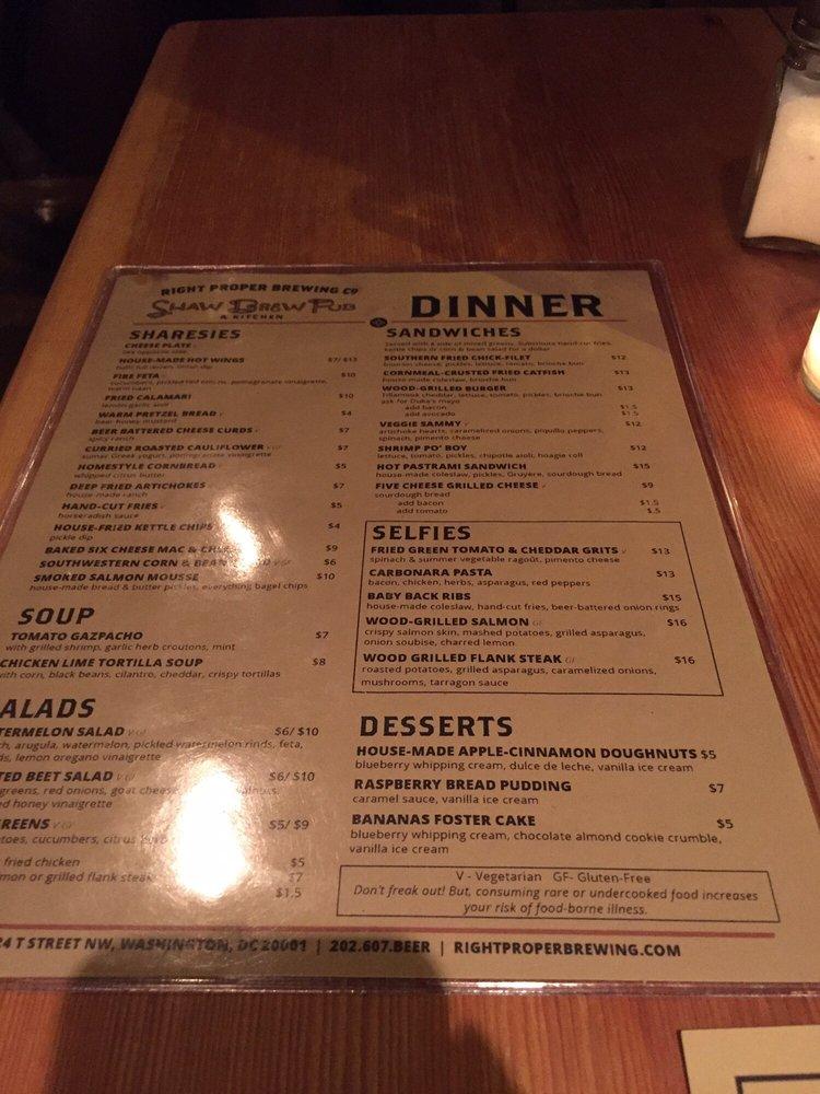 Menu at Right Proper Brewing Company pub & bar, Washington