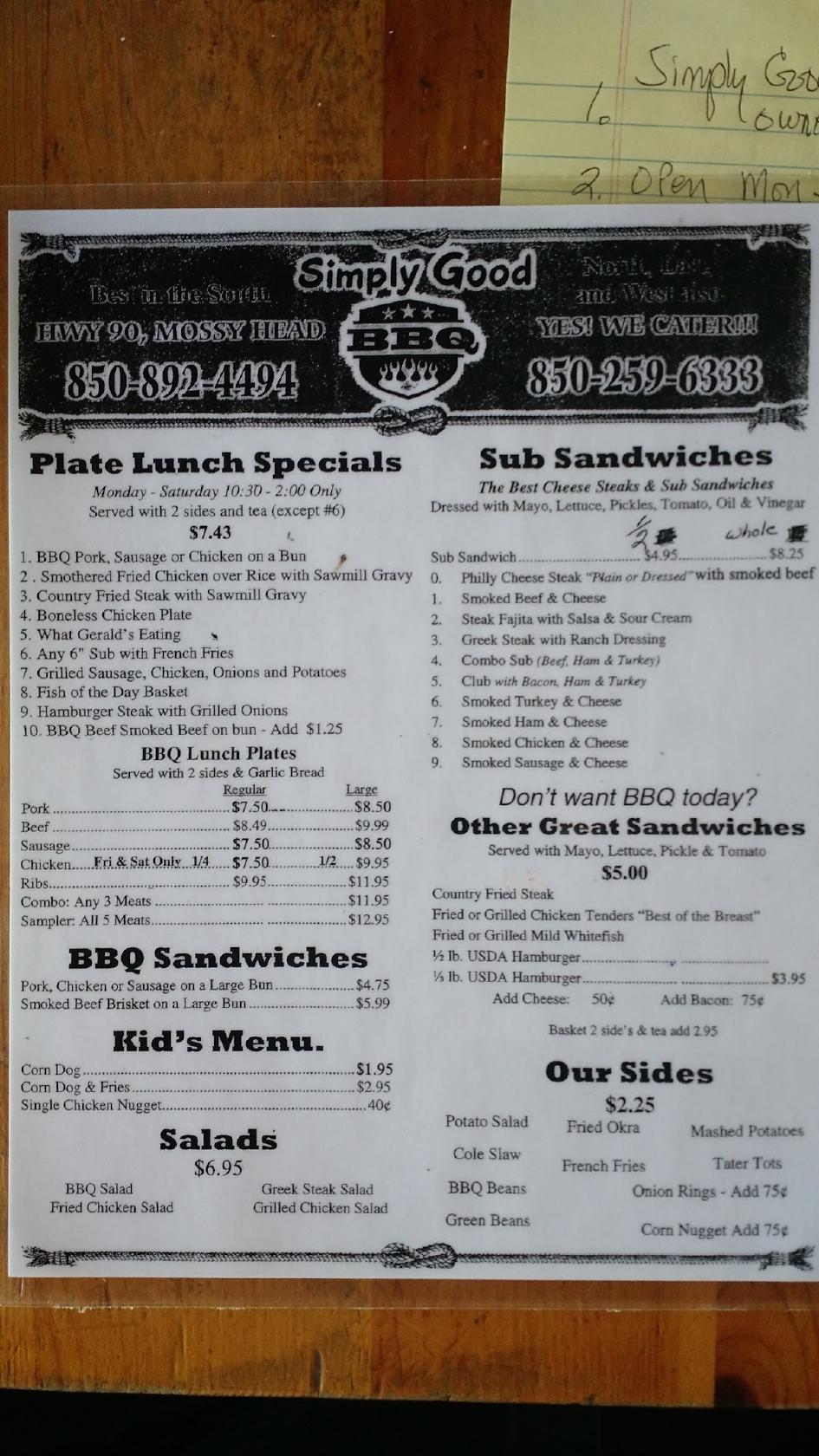 Menu at Simply Good BBQ, Mossy Head, US-90 W