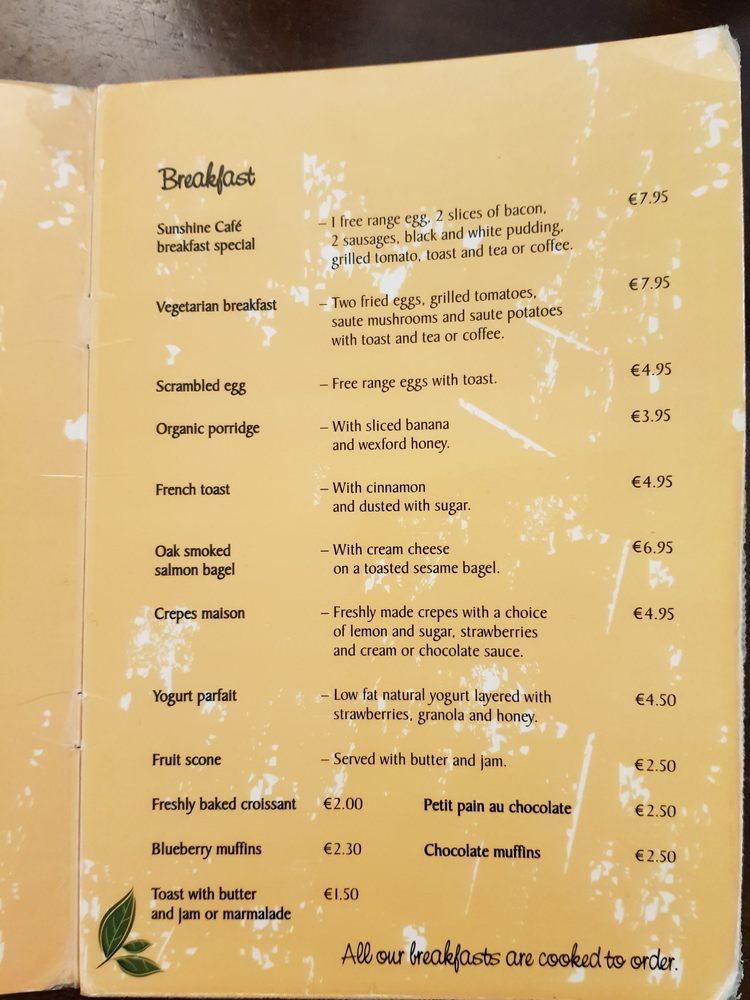 Menu at The Sunshine Café & Restaurant, Dublin