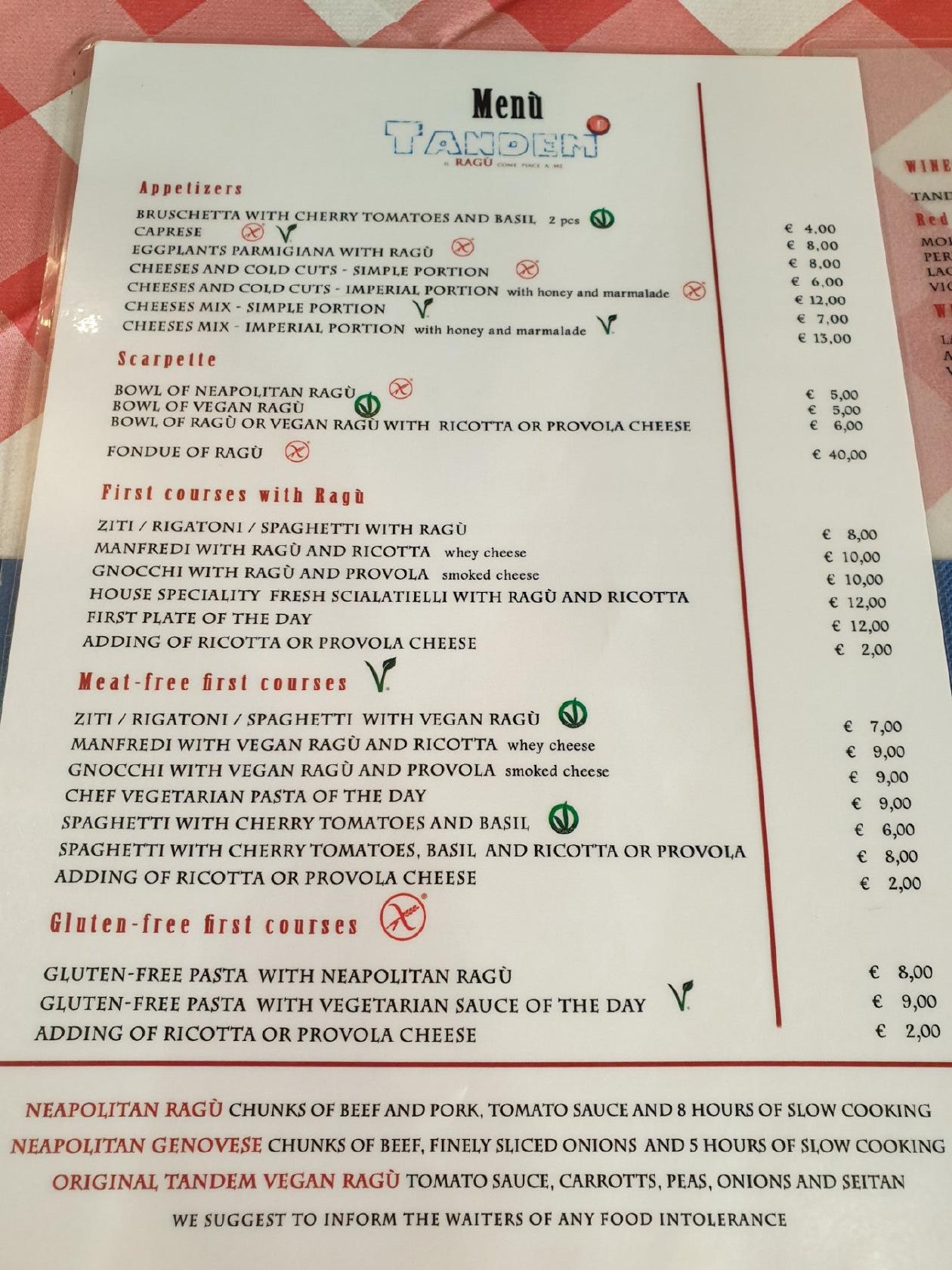Menu at Tandem - Via Paladino restaurant, Naples, Via Giovanni Paladino