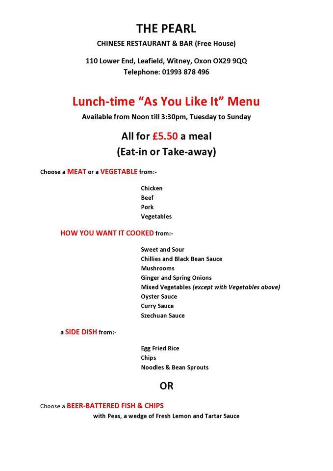 Menu at The Pearl restaurant, Leafield