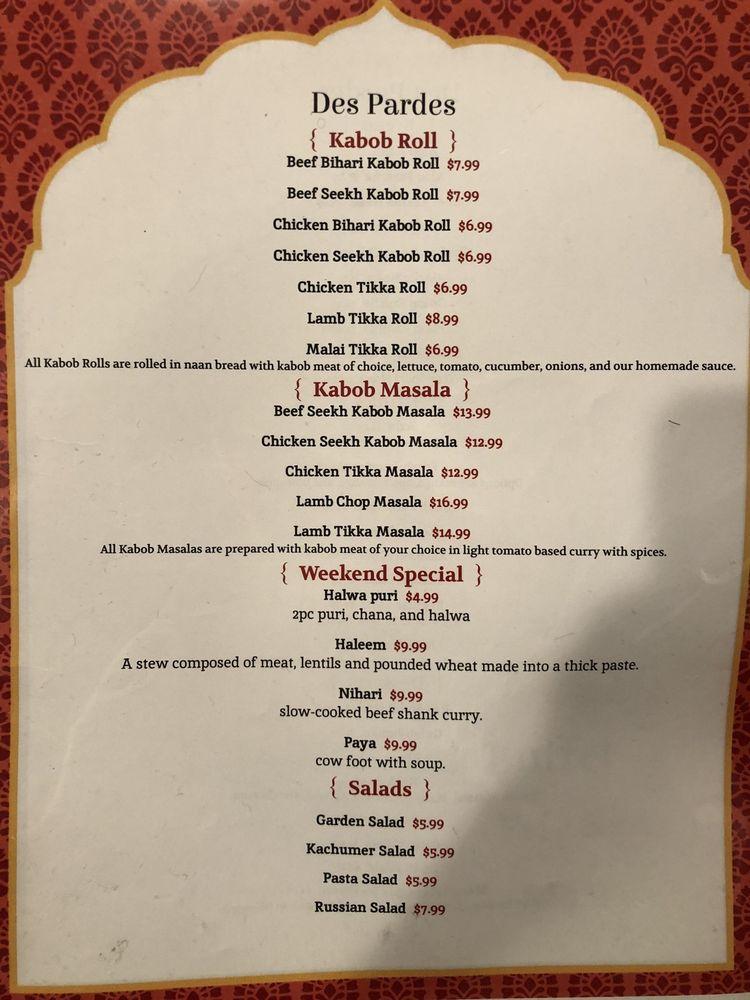 Menu at Des Pardes Restaurant, Springfield