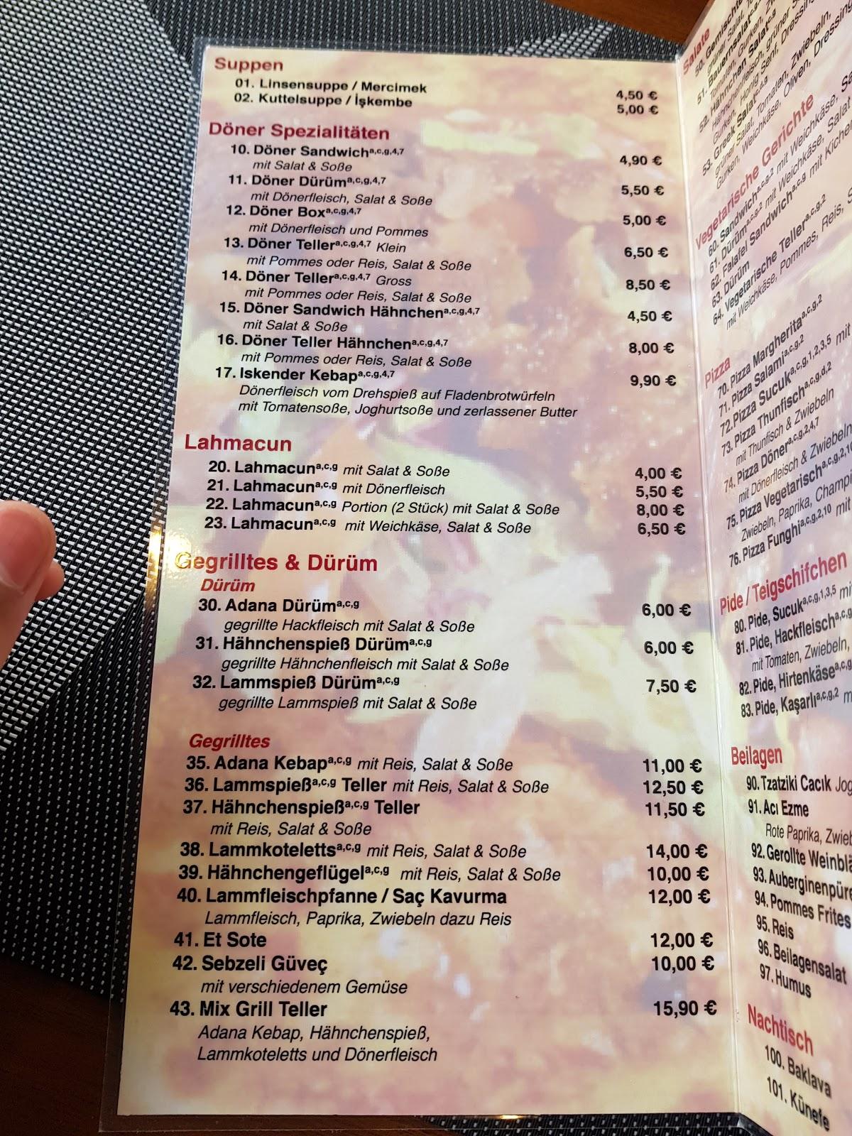 Carta del restaurante Kebab Hut, Fráncfort