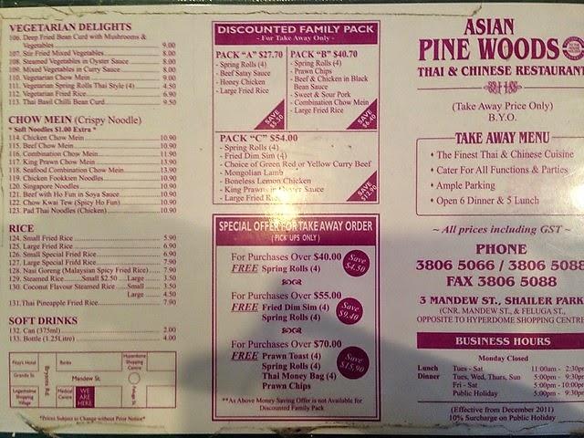 Menu at Pine Woods Asian Restaurant, Shailer Park