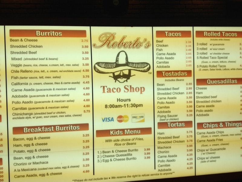 Menu at Roberto's Taco Shop restaurant, San Diego, El Cajon Blvd