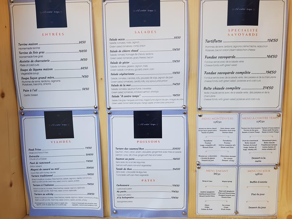 Menu at A CONTRE TEMPS restaurant, Chamonix