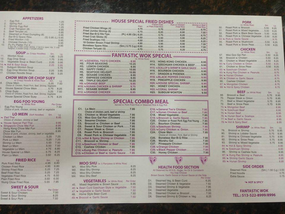 Menu at Fantastic Wok restaurant, Cincinnati, Winton Rd