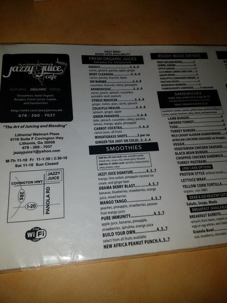 Menu at Jazzy Juice Cafe, Redan