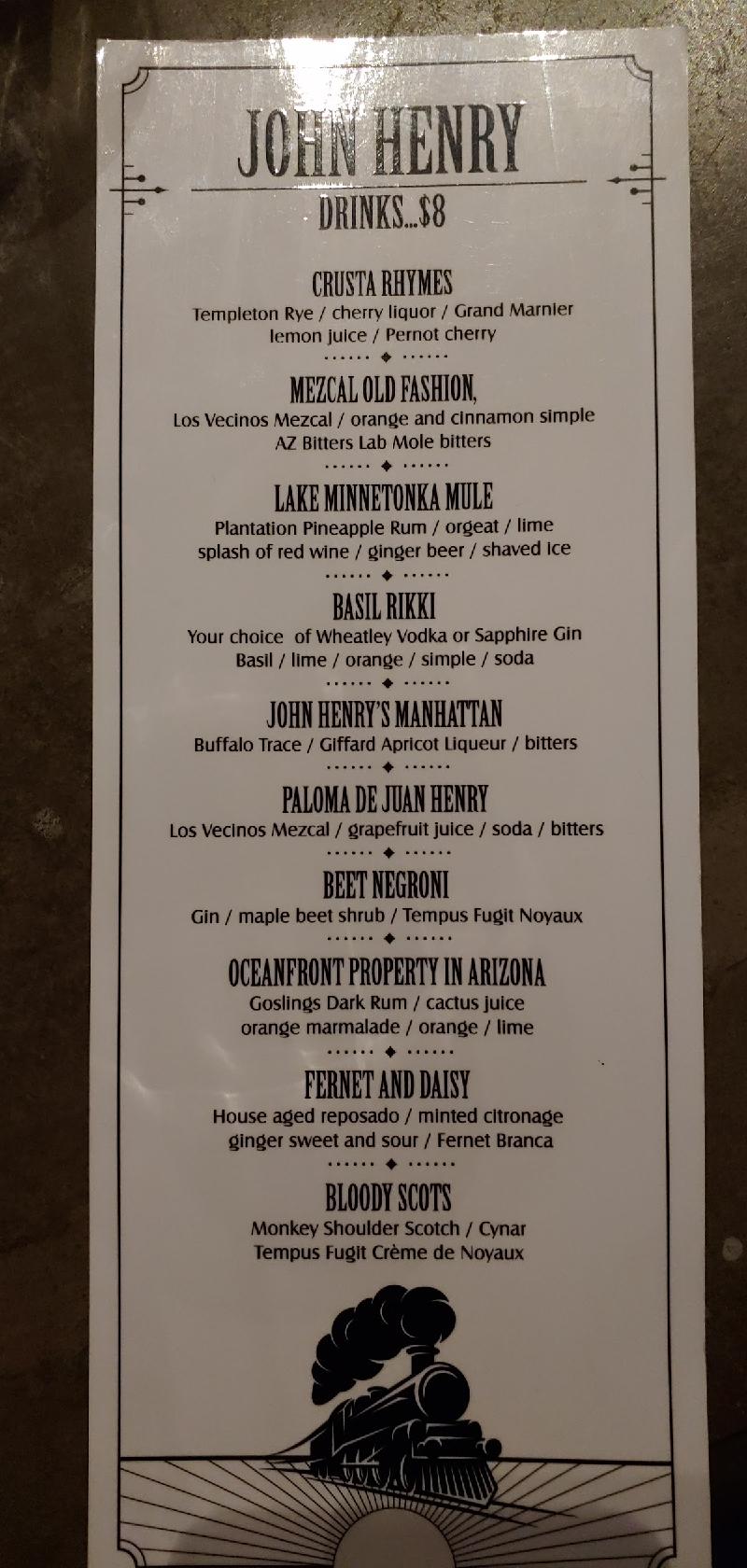 Menu at John Henry’s pub & bar, Tucson