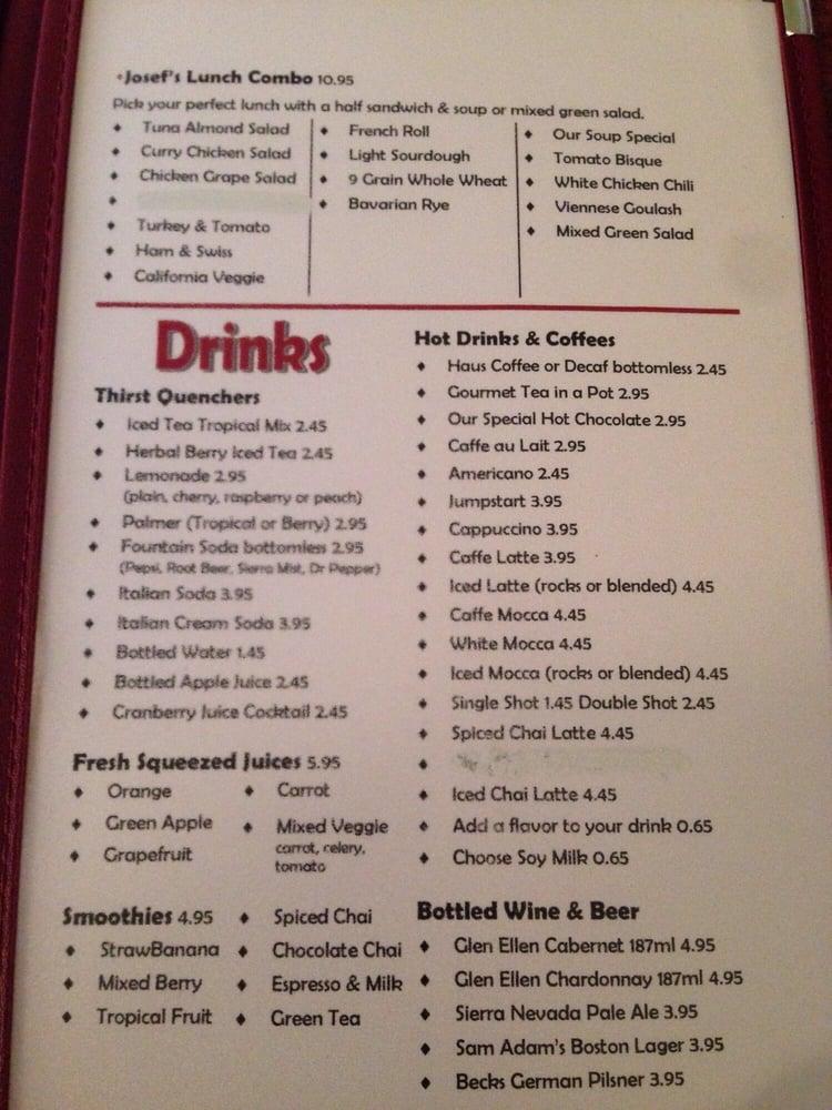 Menu at Josef's Vienna Bakery & Cafe, Reno