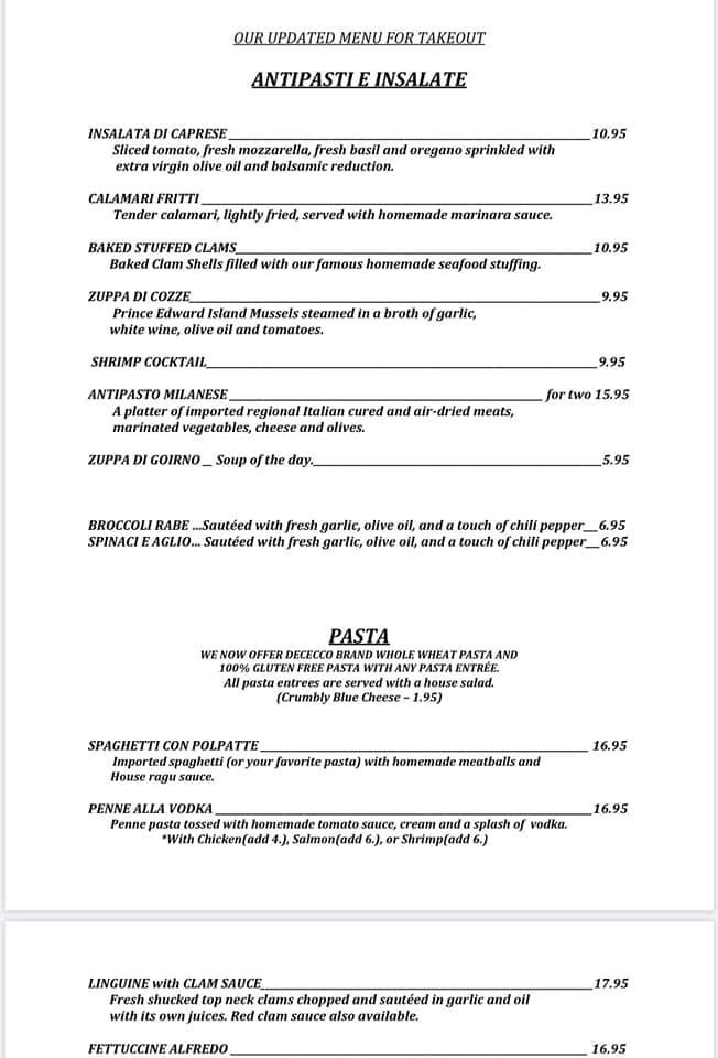 Menu at Milanese Italian Restaurant, Highland