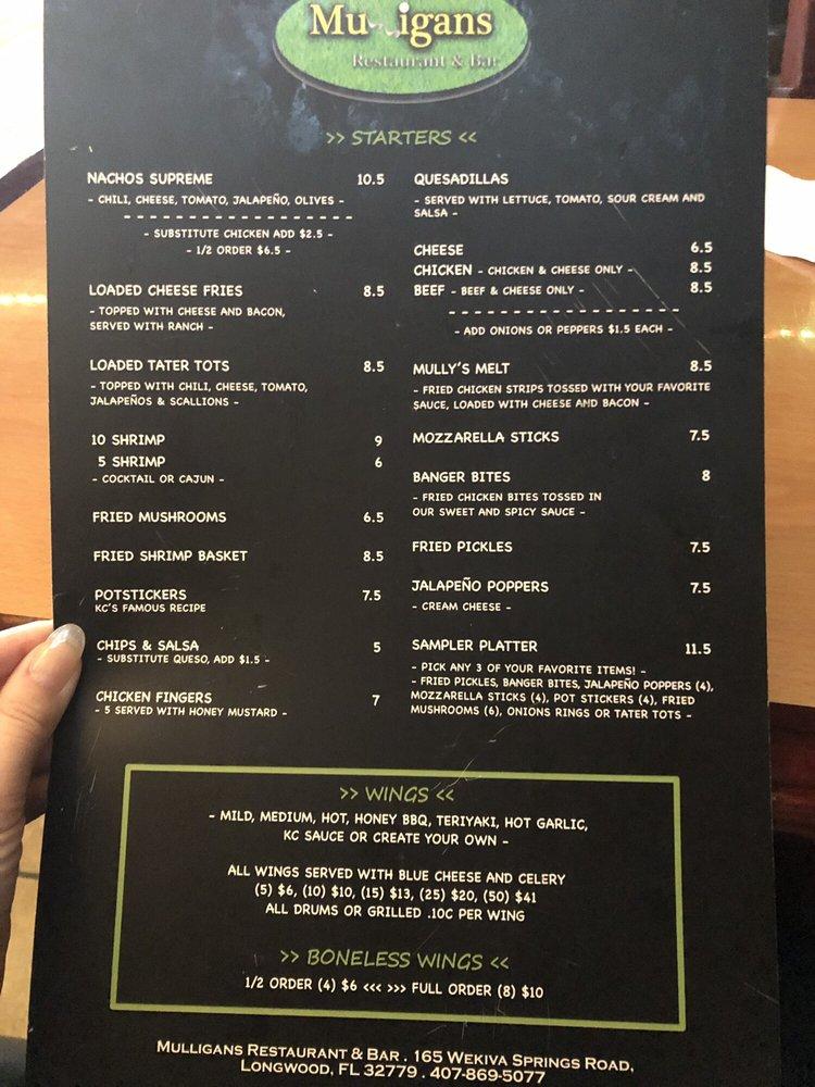 Menu at Mulligan's pub & bar, Longwood