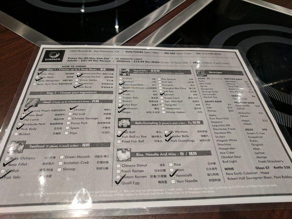 Menu at Simmer restaurant, San Francisco