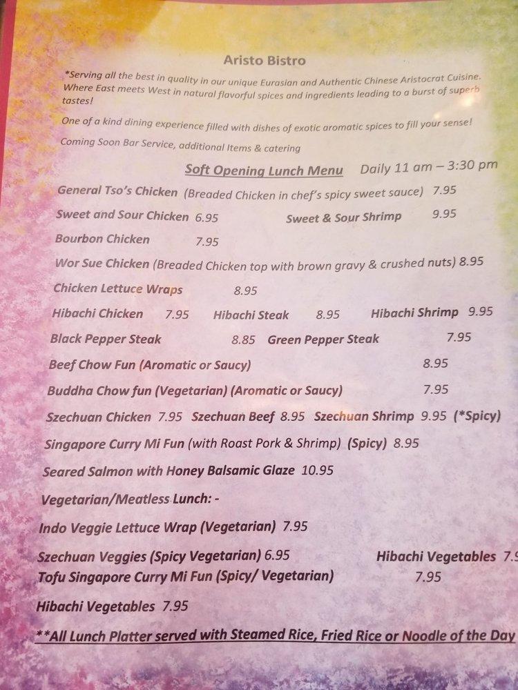 Menu at Aristo Bistro restaurant, Westlake