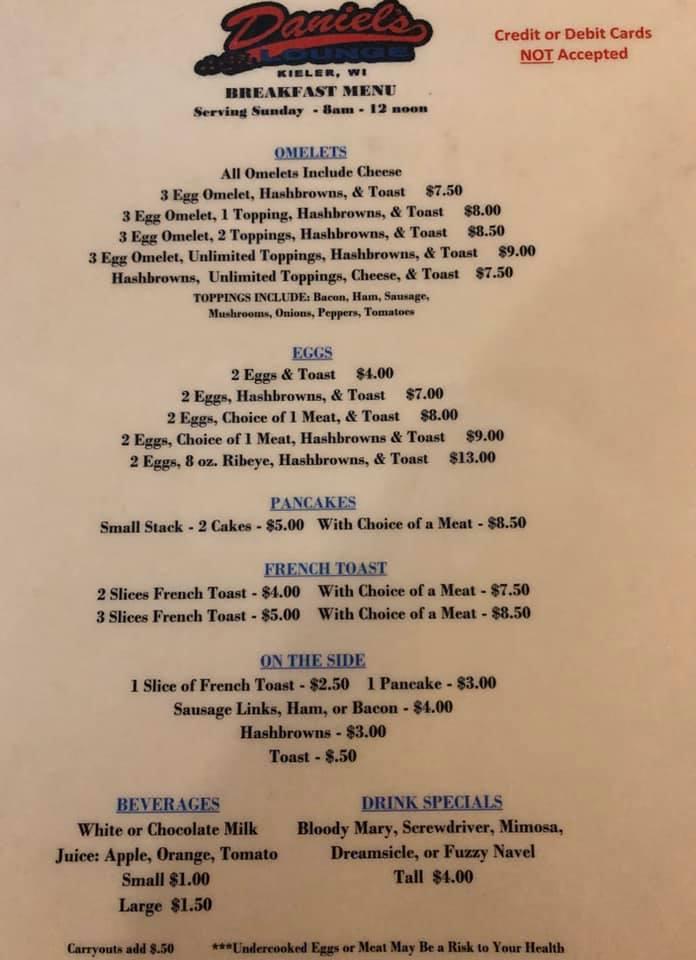 Menu at Daniel's Lounge pub & bar, Kieler