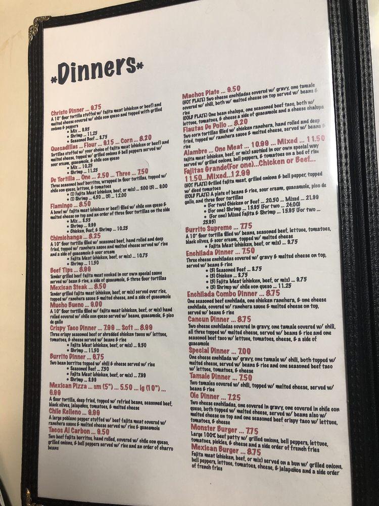 Menu at Macho's Mexican Restaurant, Winnie
