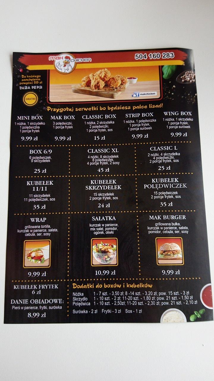 Menu at MakChicken restaurant, Iłża